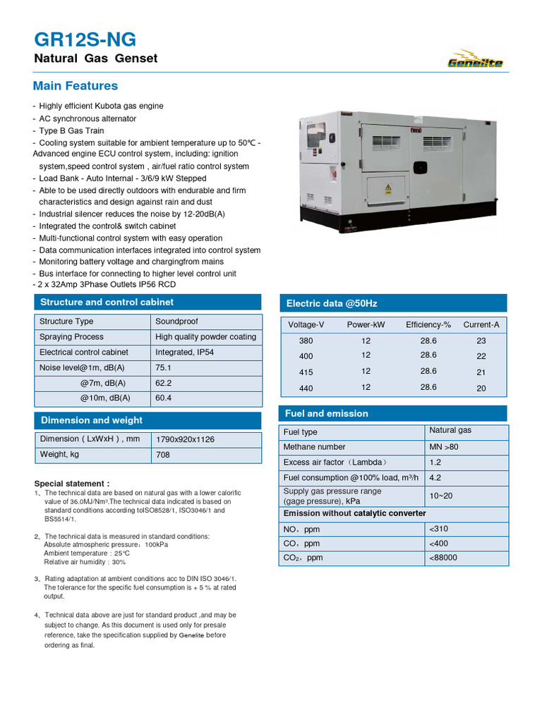 Genelite GR12S NG Kubota 002 | PDF | Natural Gas | Engines