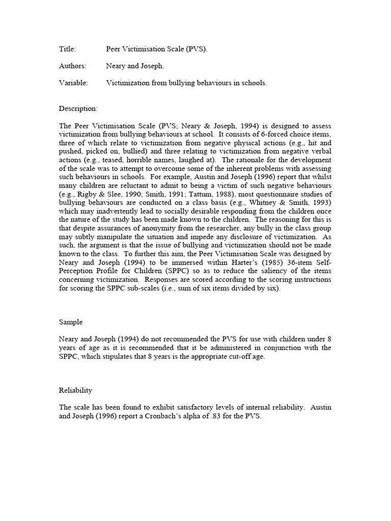 Peer Victimisation Scale (PVS) | PDF | Bullying | Victimisation