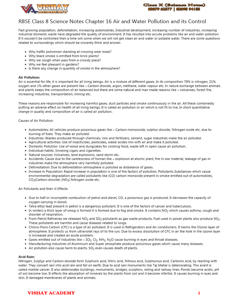 RBSE Class 8 Science Notes Chapter 16 Air and Water Pollution and its ...