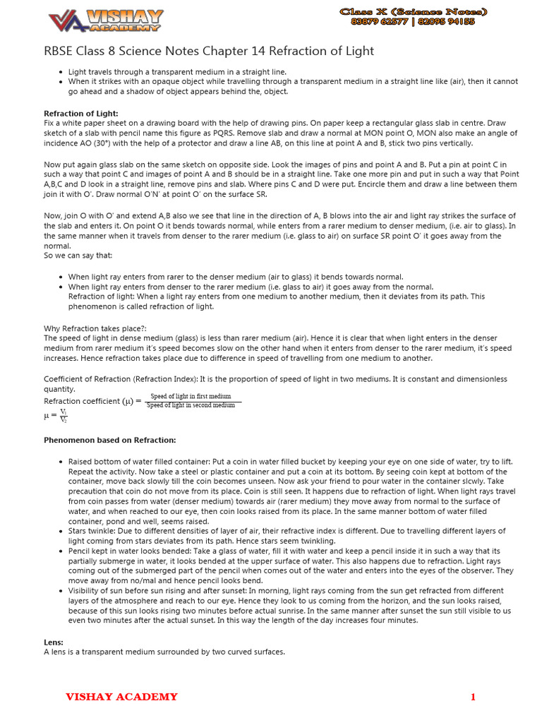 RBSE Class 8 Science Notes Chapter 14 Refraction of Light - RBSE Guide ...