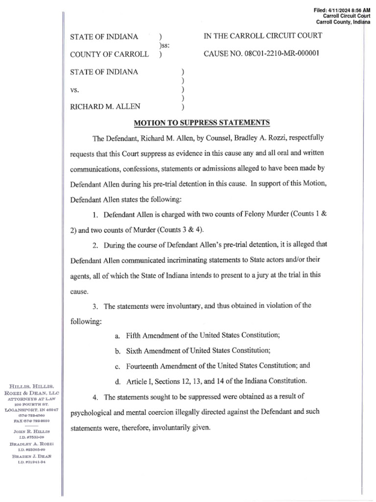 Legal Motion: Suppress Statements | PDF | Fifth Amendment To The United ...