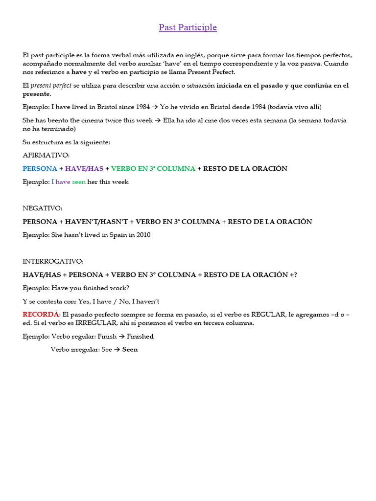 Uso y Estructura del Past Participle | PDF