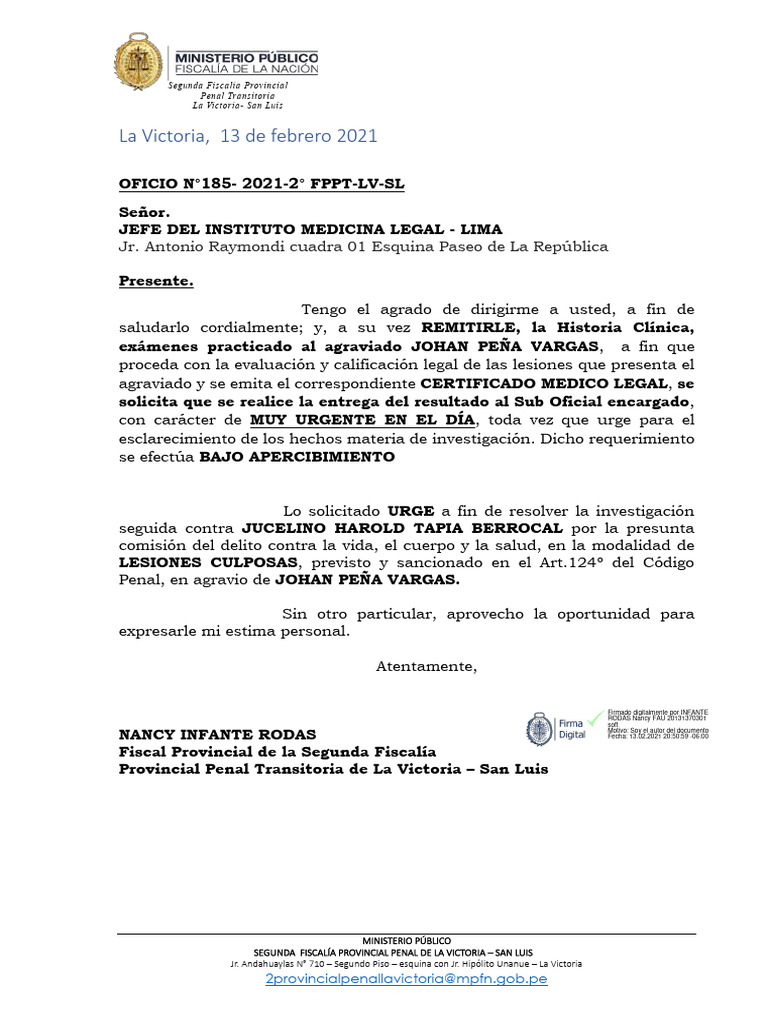 Oficio Medicina Legal 185-2021 (F) | PDF