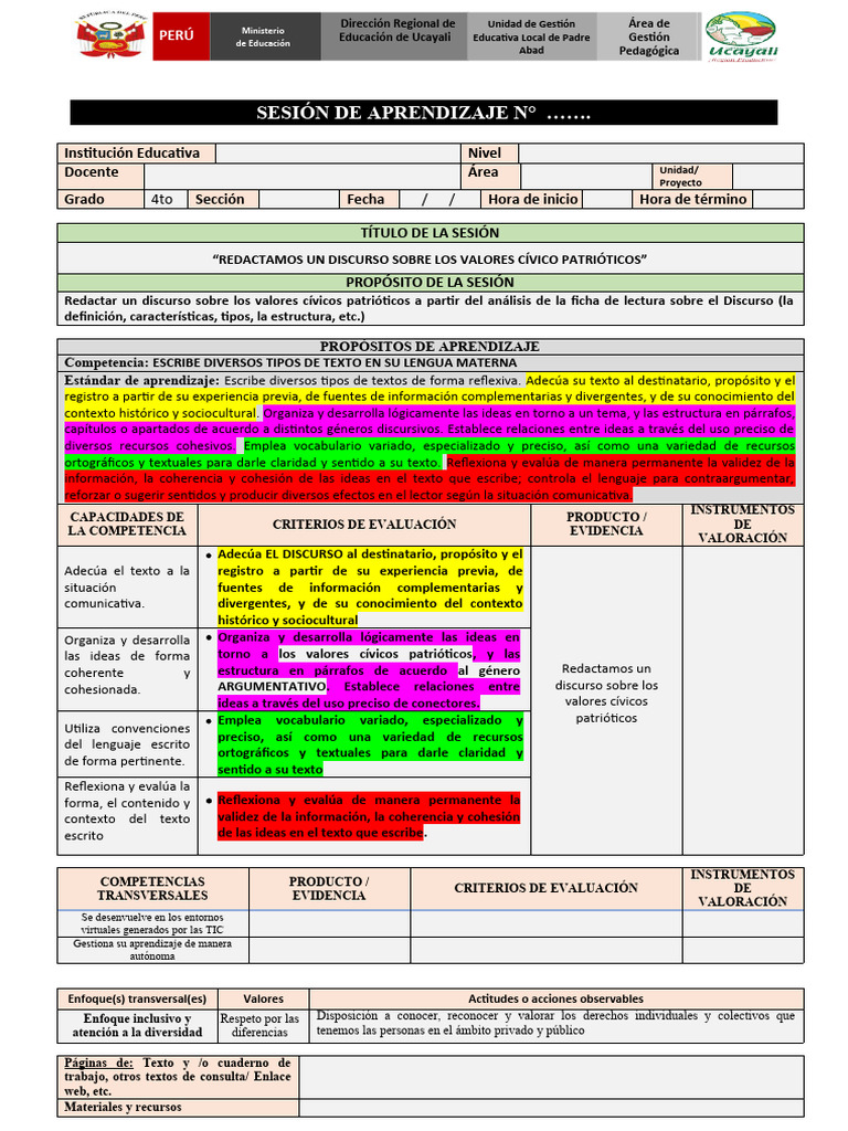 FORMATO Sesión de Aprendizaje - UGEL PA 2024 - Secundaria | PDF | Evaluación | Aprendizaje