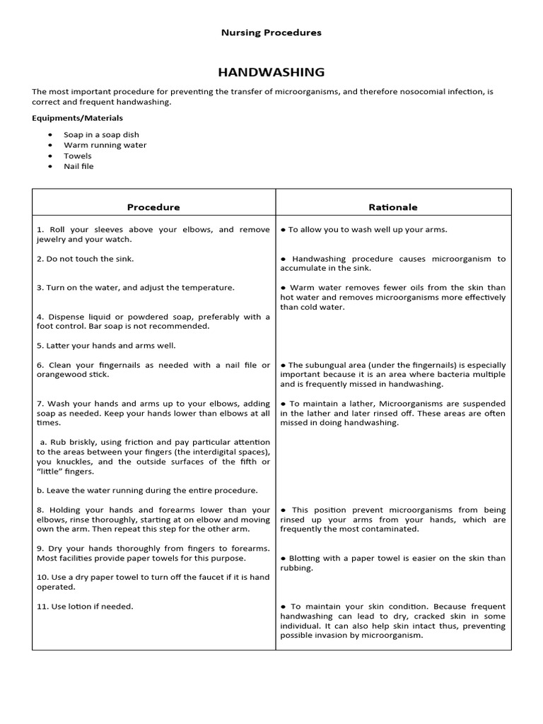Nursing Procedures Hand Washing | PDF | Hand Washing
