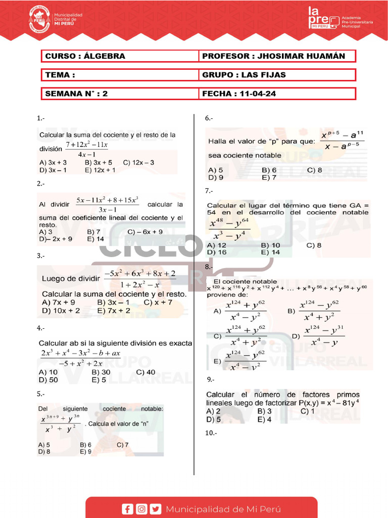 La Pre Mi Peru - Las Fijas Unfv - Álgebra - 11 - 04 - 24 | PDF | Cocina ...
