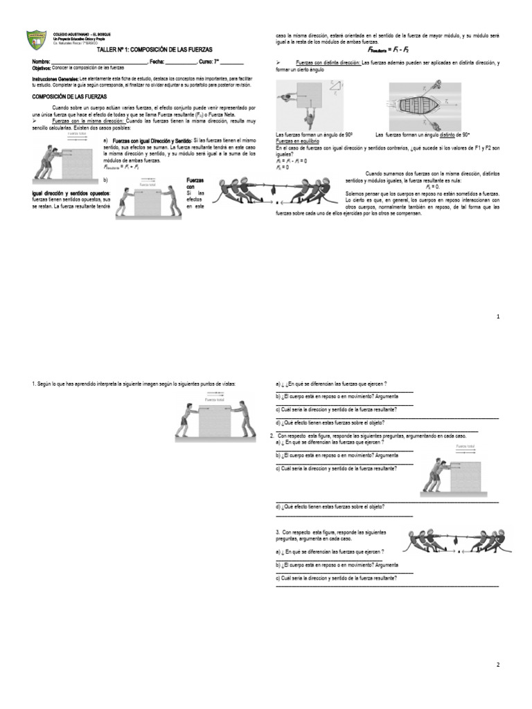 2019 Taller 1 Composición de Las Fuerzas Fisica 7 Basico | PDF | Fuerza | Vector Euclidiano