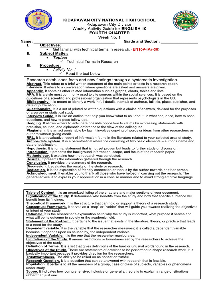 Technical Terms in Research for Grade 10 | PDF | Theory | Methodology