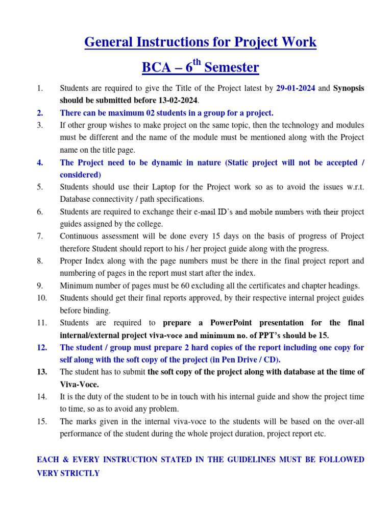 Guidelines For Project Work For BCA 6TH Semester 2023-24 | PDF | Computer Programming | Software ...