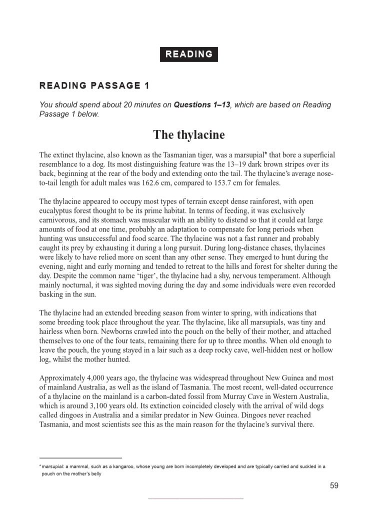 The Thylacine IELTS Reading Passage PDF - 01 | PDF | Zoology | Organisms