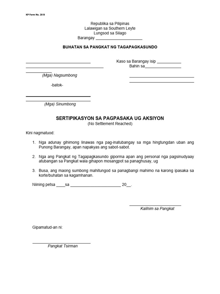KP Form 20b - CERTIFICATE TO FILE ACTION (No Settlement After Pangkat) | PDF