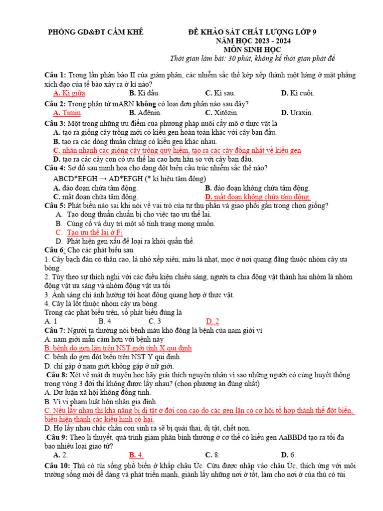 Đề KSCL Môn sinh 9 nộp PGD. | PDF