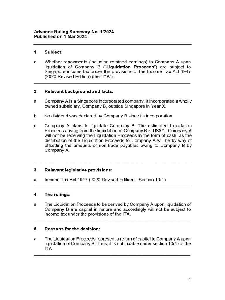 Advance Ruling Summary No 01 2024 | PDF | Taxes | Taxation In The ...