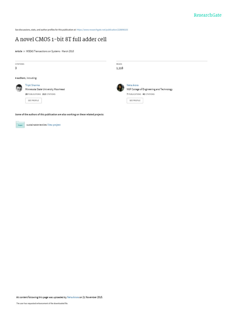 A Novel CMOS 1-Bit 8T Full Adder Cell | PDF | Logic Gate | Cmos