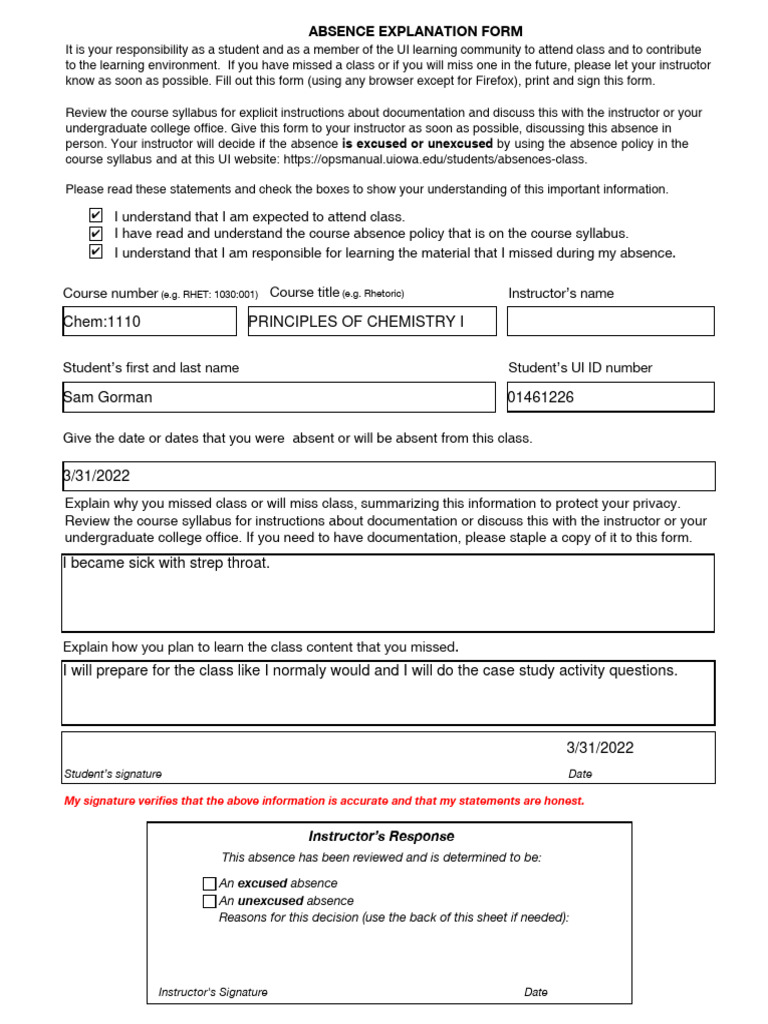 Absence Explanation Form | PDF | Learning | Cognition