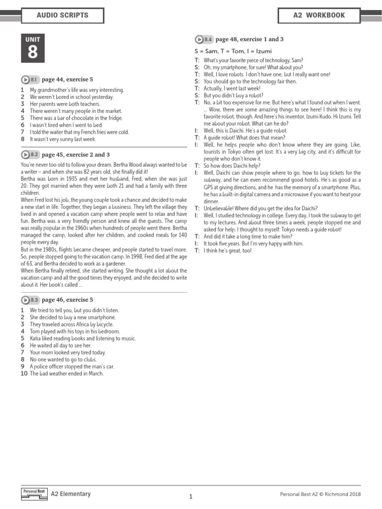 Audio Scripts for A2 Elementary Unit 8 | PDF