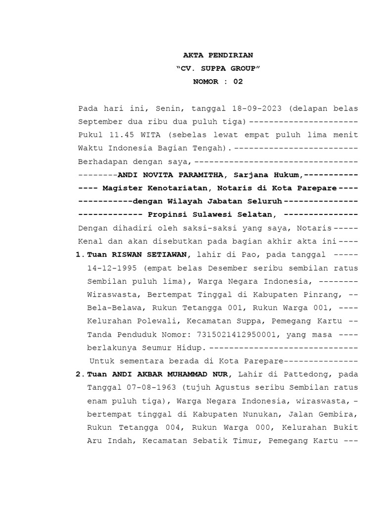 Akta Pendirian CV Suppa Group | PDF