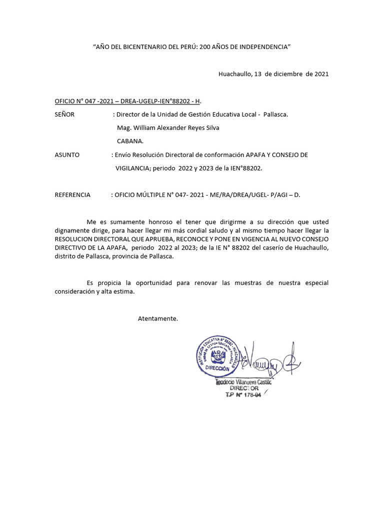Oficio y R.D. APAFA - CV. 2022-2023 | PDF | Institución | Regulación