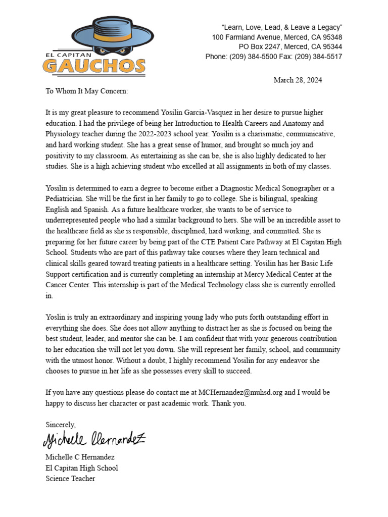 Yosilin Garcia-Vasquez Letter of Rec | PDF | Health Care | Public Services