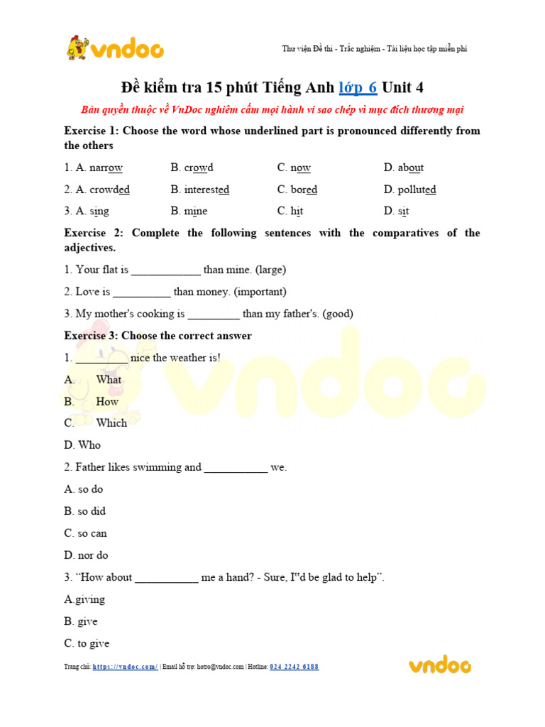 De Kiem Tra 15 Phut Tieng Anh Lop 6 Unit 4 | PDF