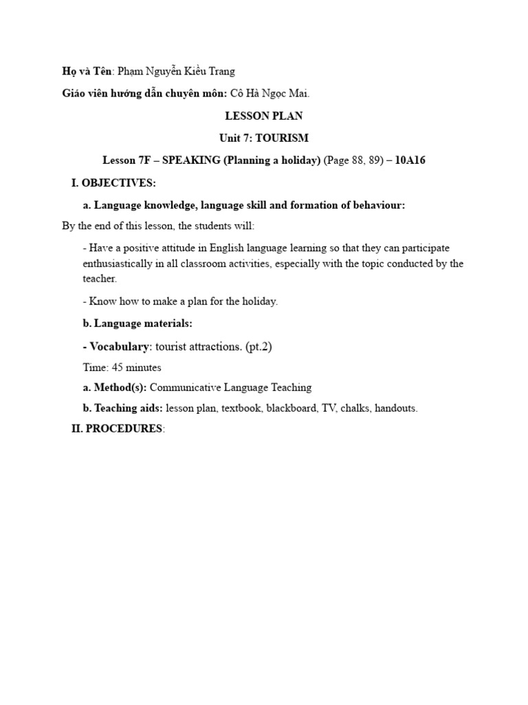 Lesson Plan: Planning a Holiday | PDF | Behavior Modification | Cognition