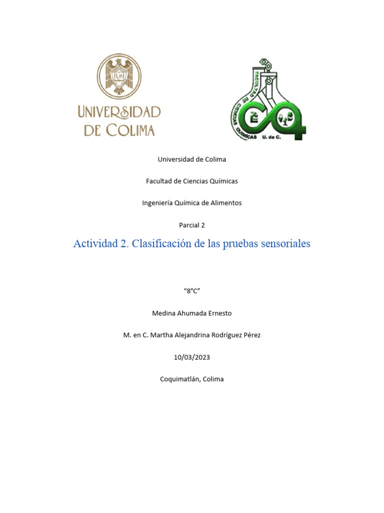 Clasificacion de Pruebas Sensoriales - Ernesto Medina | PDF Clasificacion de Pruebas Sensoriales - Ernesto Medina | PDF