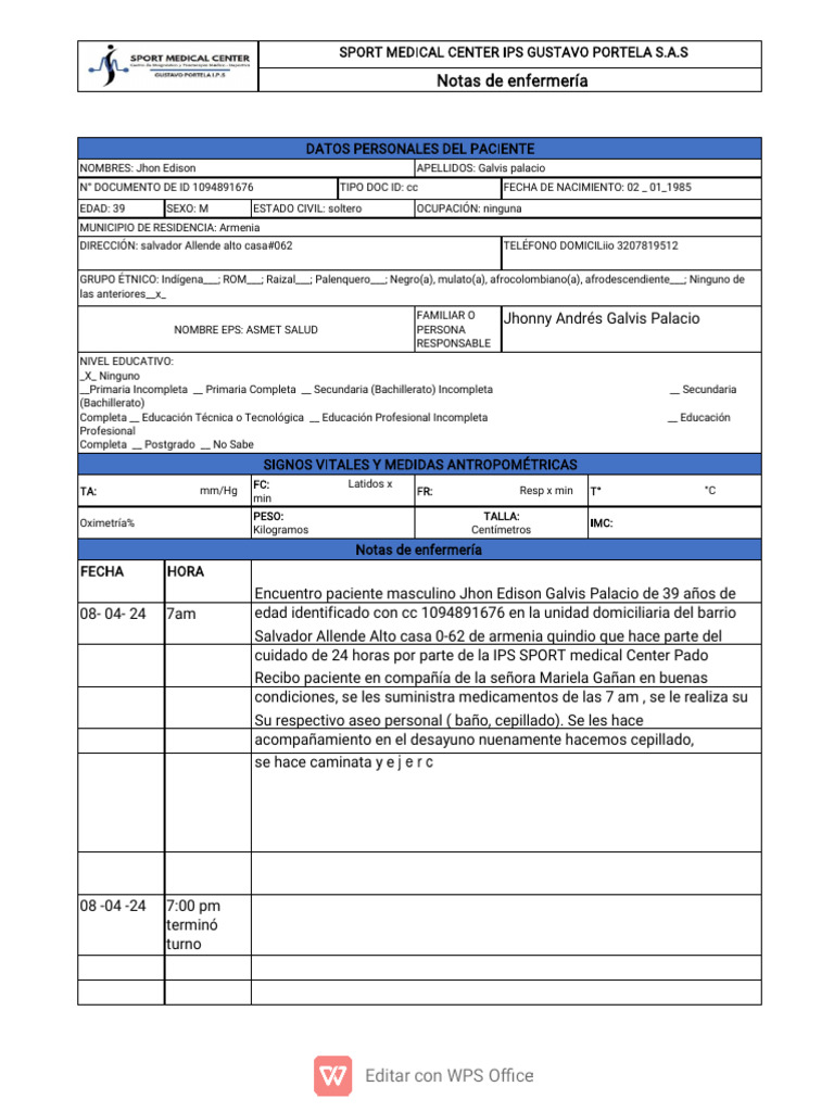 Nota de Enfermeria[1] | PDF | Medicina CLINICA | Especialidades Medicas