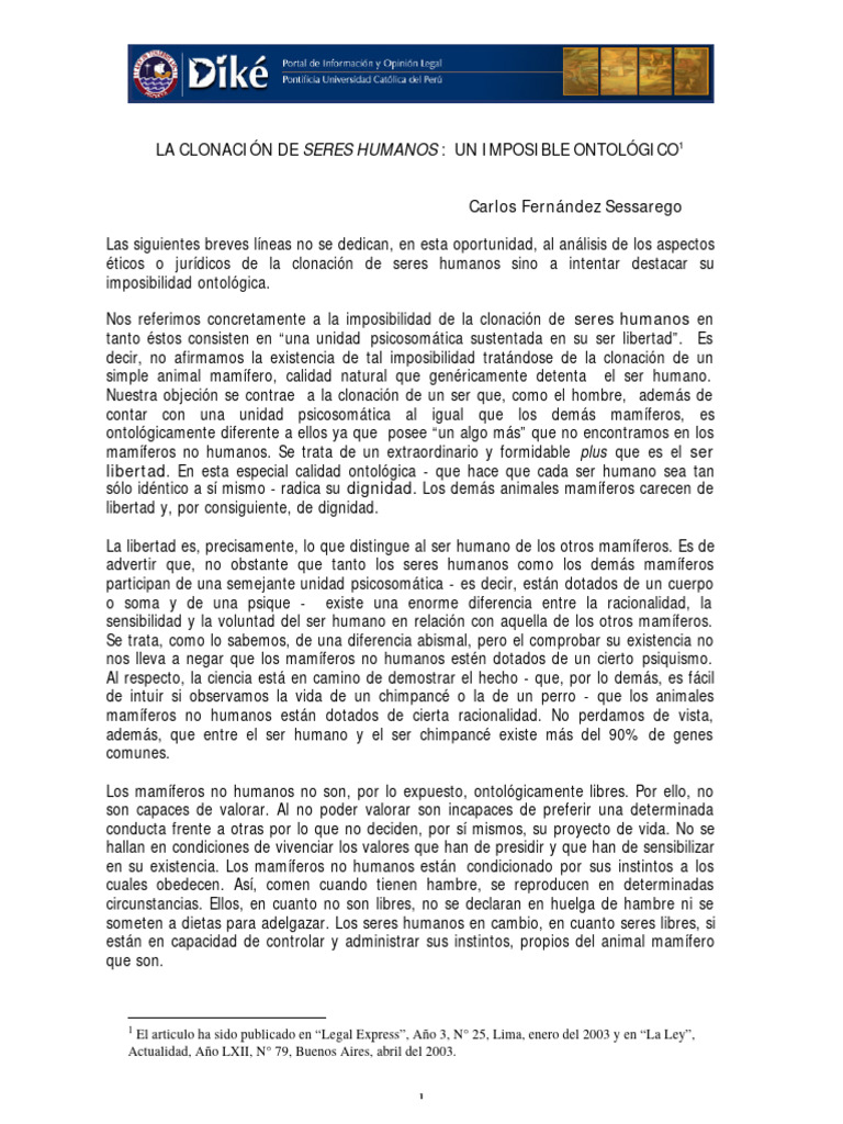 Imposibilidad Ontológica de Clonar Humanos | PDF | Clonación | Humano