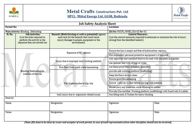 JSA 02-Rev.01 - Blinding & Deblinding | PDF | Labor Relations | Workplace
