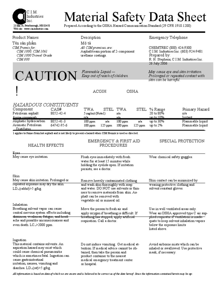 MSDS Cim Premix | PDF | Combustion | Solvent