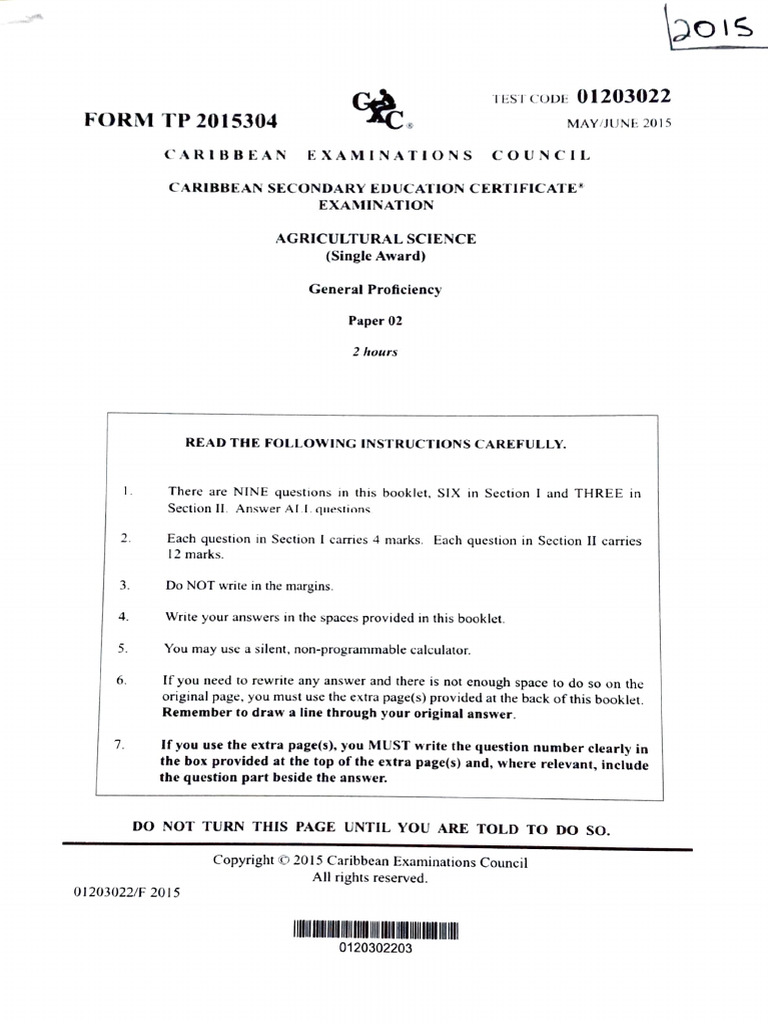 2015 - CSEC-Paper 2 - Agri Sci-Answers | PDF