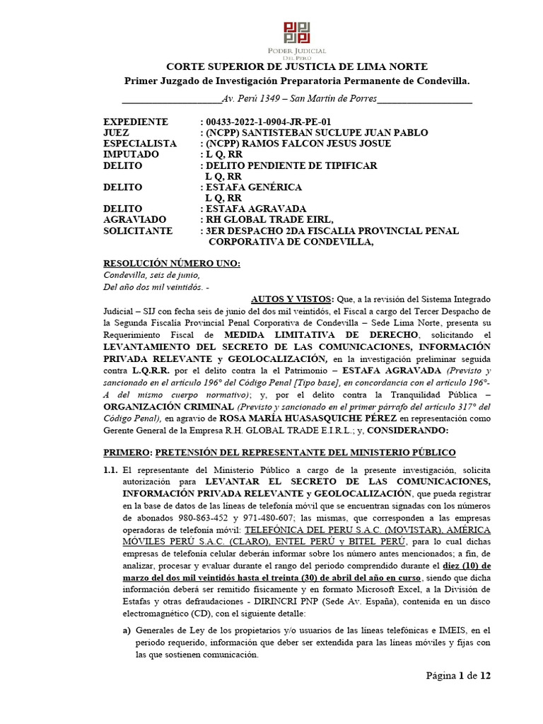 Resol. Levantamiento Secreto de Las Comunicaciones y Geolocalización (2022) | PDF | Fiscal | Ley ...