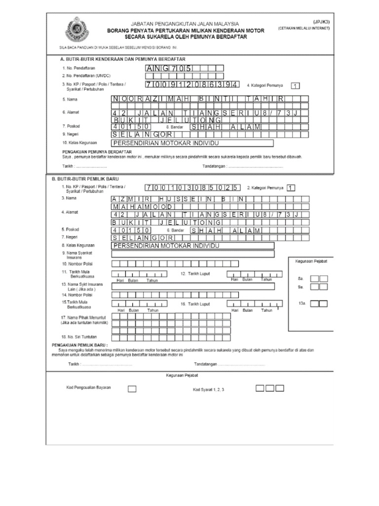 JPJ K3A) Borang Penyata Pertukaran Milikan Kenderaan Motor Selain ...