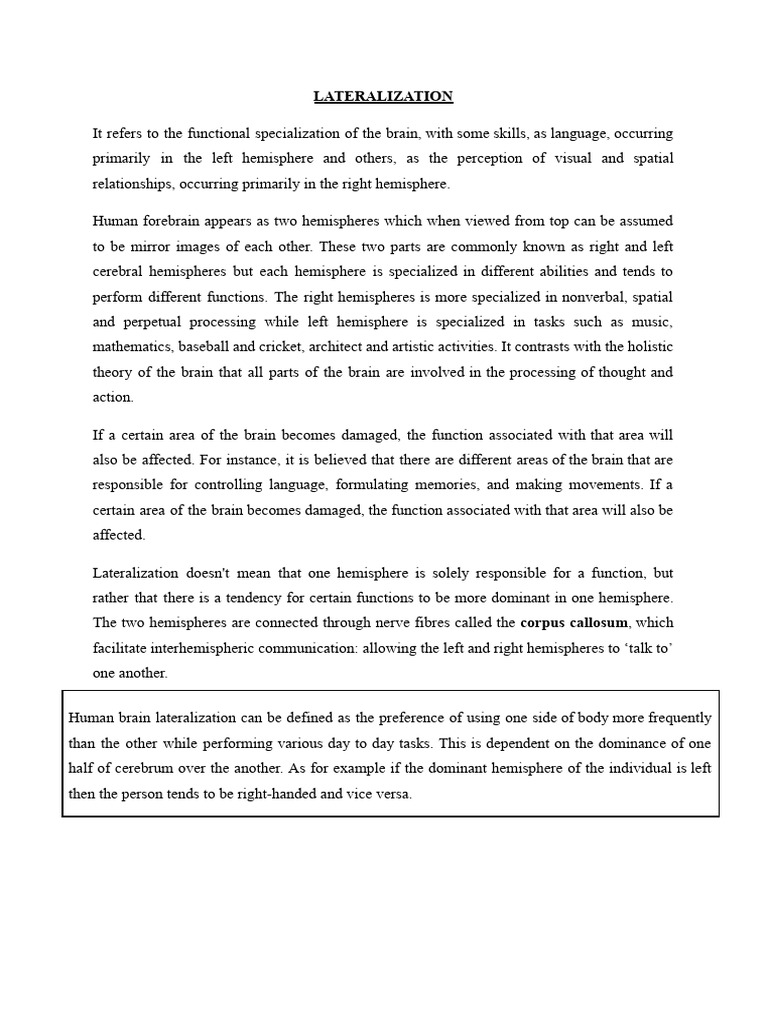 LATERALIZATION | PDF | Lateralization Of Brain Function | Brain