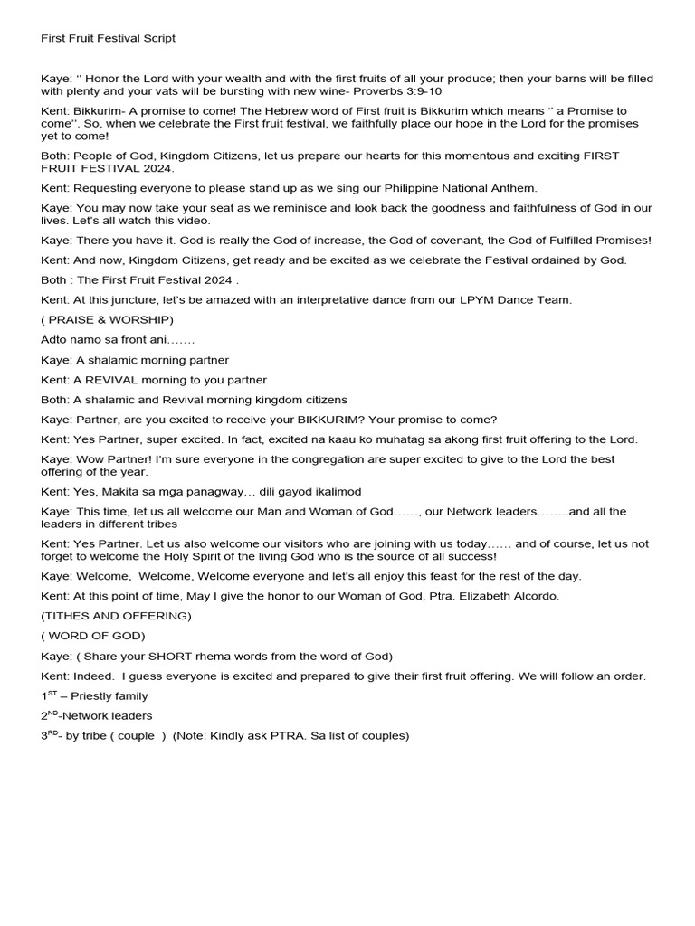 First Fruit Festival 2024 Script | PDF | Religious Belief And Doctrine