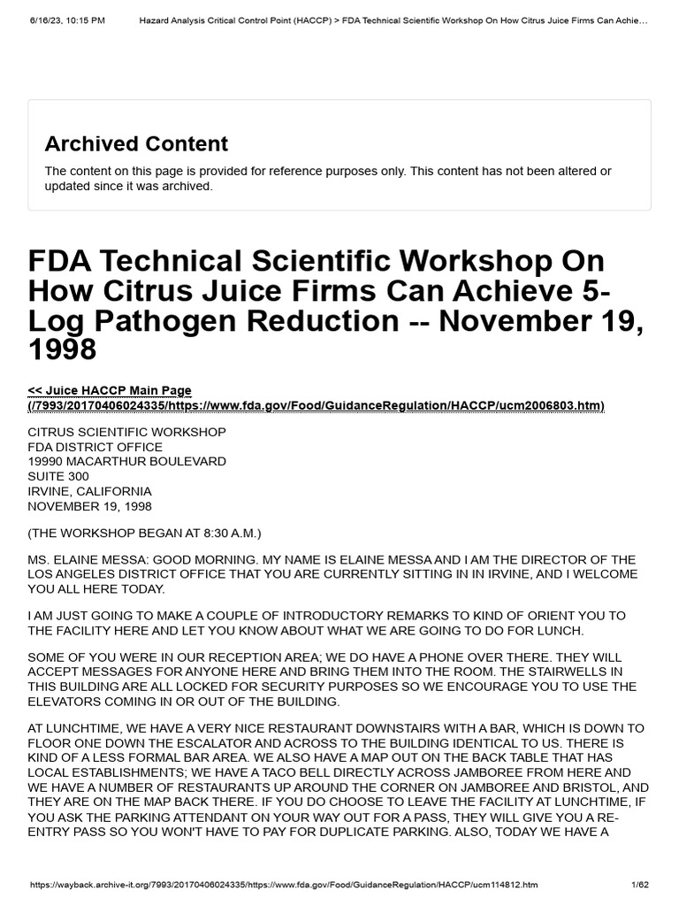 FDA Technical Scientific Workshop On How Citrus Juice Firms Can Achieve ...