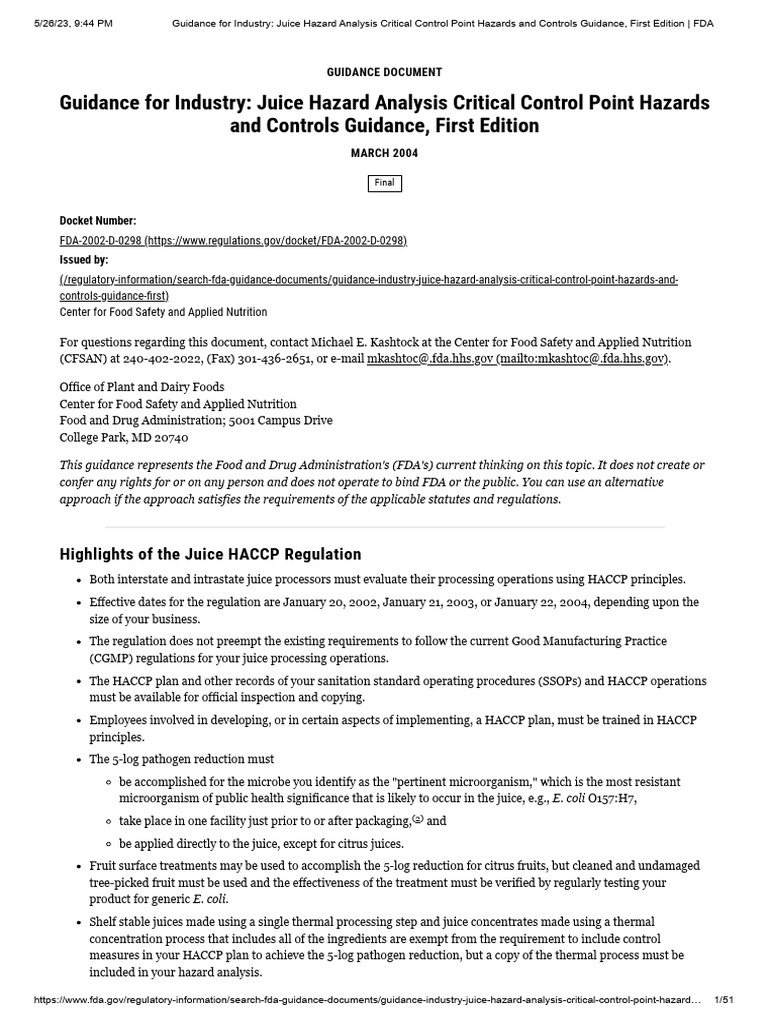 Guidance For Industry - Juice Hazard Analysis Critical Control Point ...