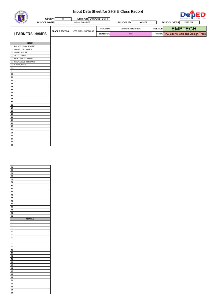 SHS E-Class Record Template | PDF