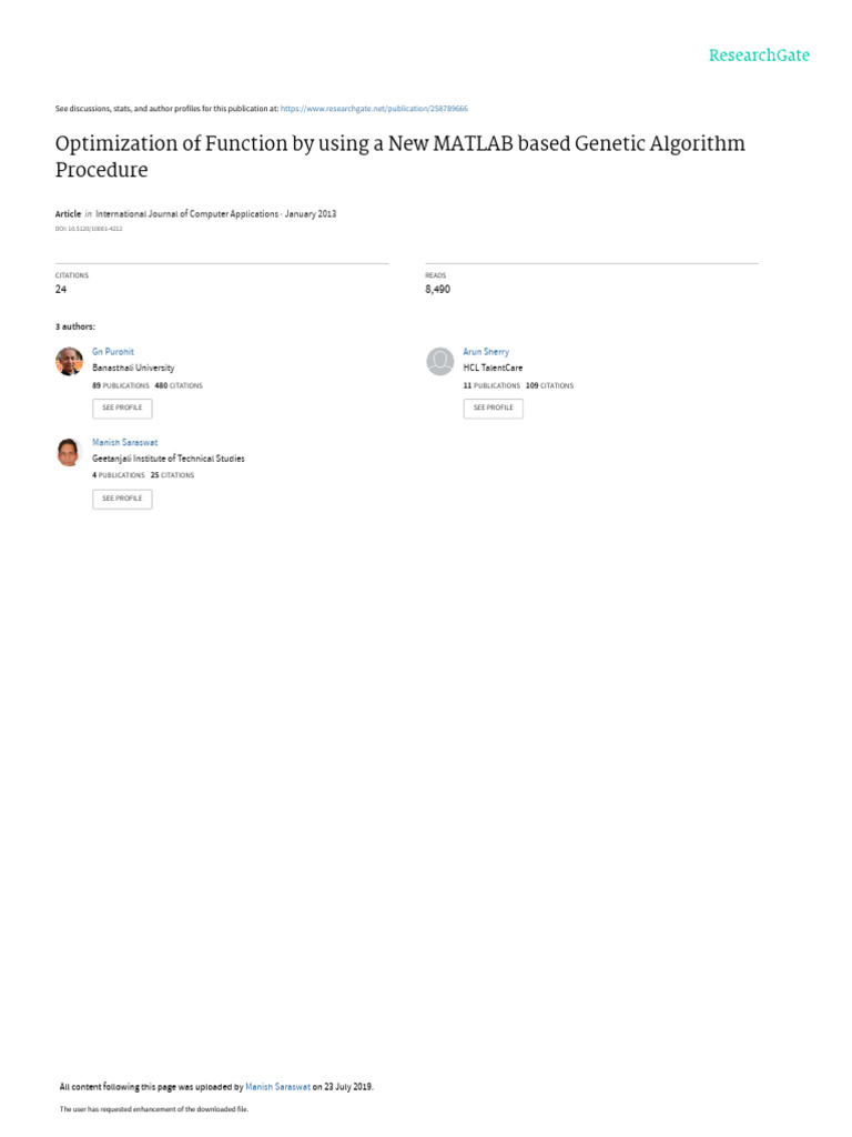 Ga For Op Tim Ization Using Mat Lab | PDF | Genetic Algorithm | Matlab