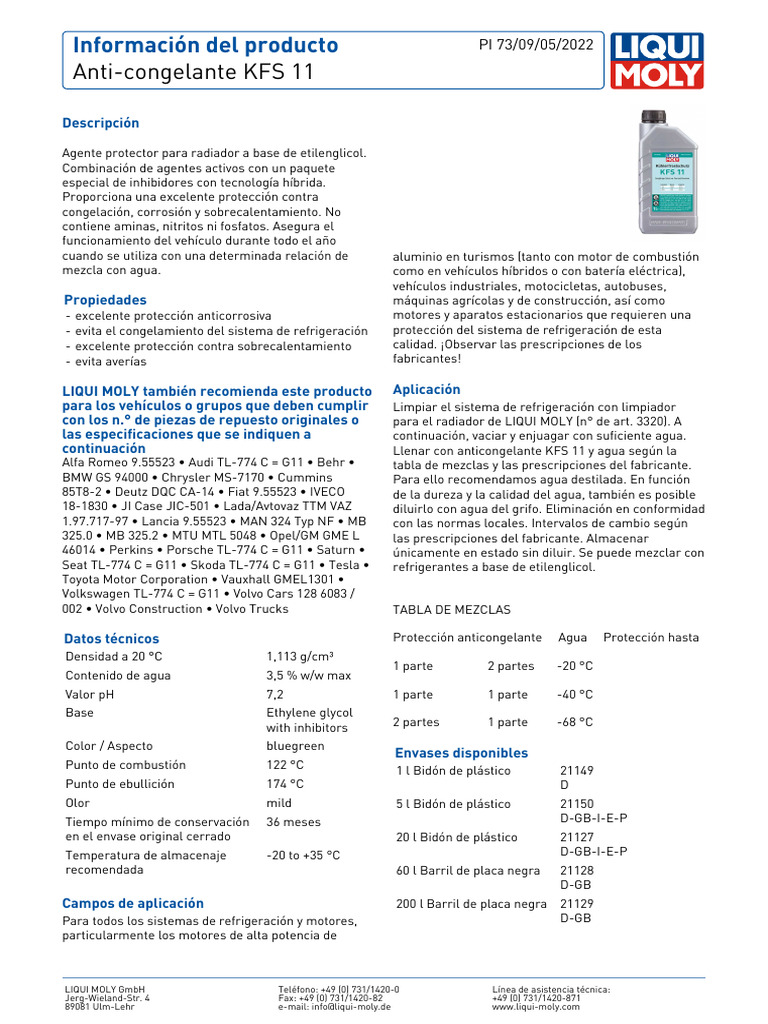 Ficha Tecnica Refrigerante Anticongelante Liquimoly KFS 11 Volkswagen Auidi VW G11 Lubrimaspe ...