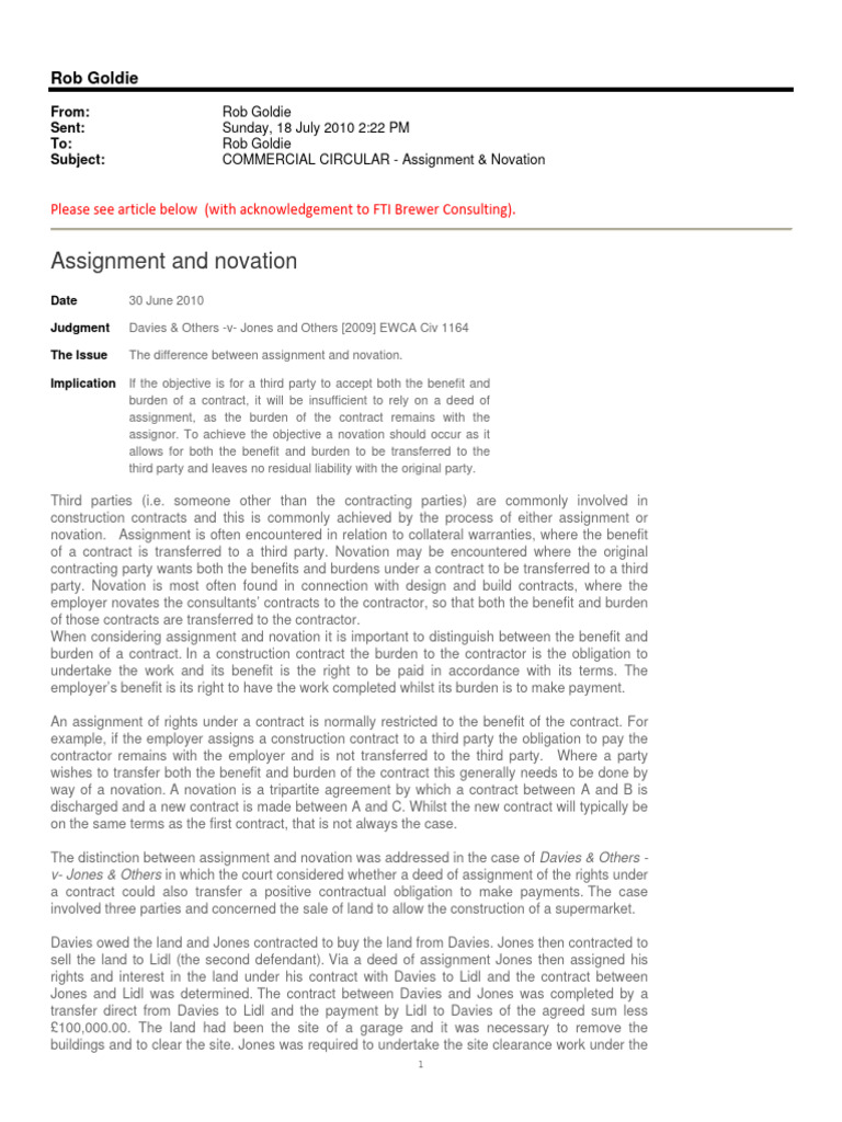 T017 - Assignment & Novation | PDF | Assignment (Law) | Employment