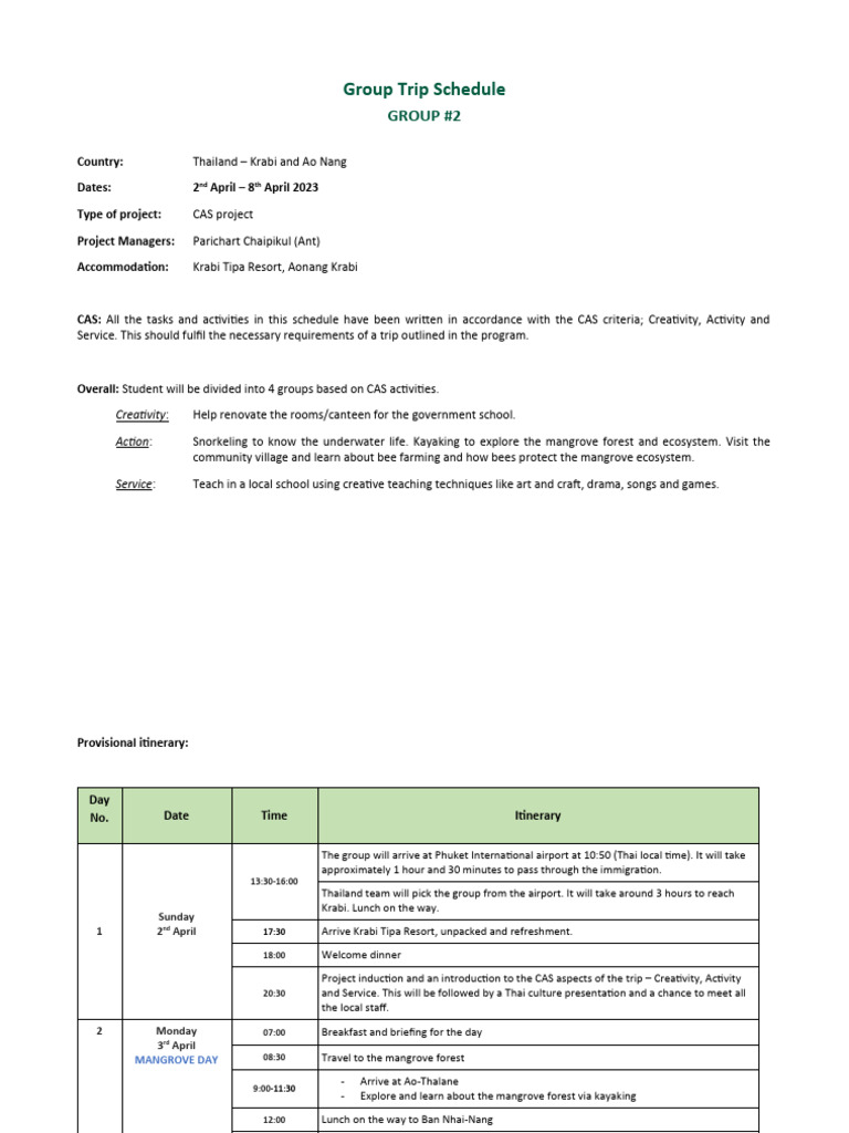 Group Trip Schedule - G2 - R | PDF