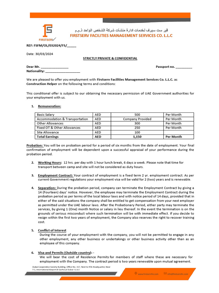Construction Helper Offer Letter | PDF | Employment | Labour Law