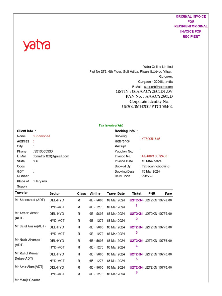 Yatra Online Air Ticket Invoice Details | PDF | Payments | Cheque