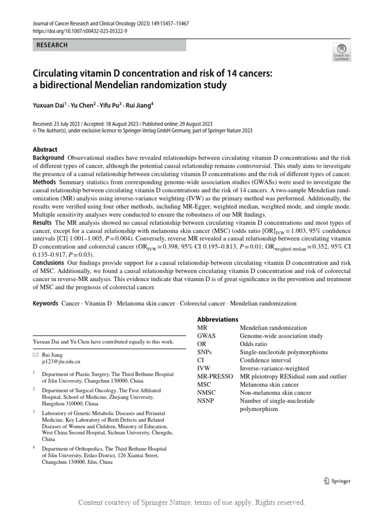 Circulating Vitamin D Concentration and Risk of 14 | PDF | Cancer | Single Nucleotide Polymorphism