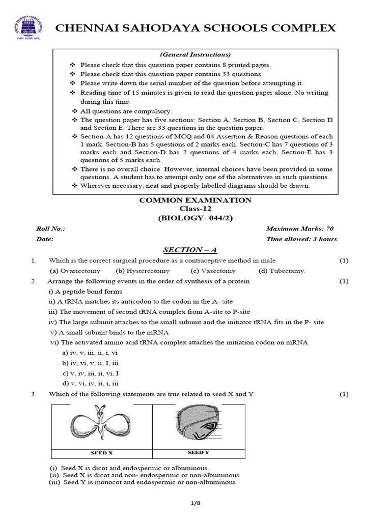 STD Xii Biology Set Ii QP | PDF | Operon | Immune System