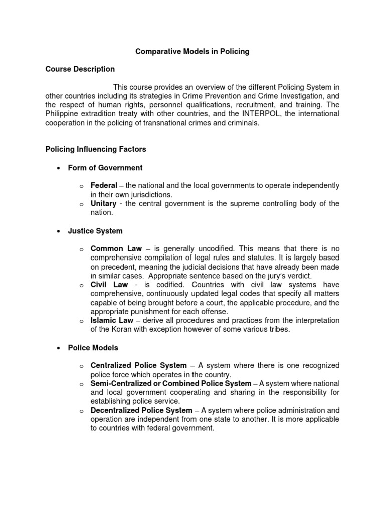 Topic 1 Comparative Models in Policing | PDF