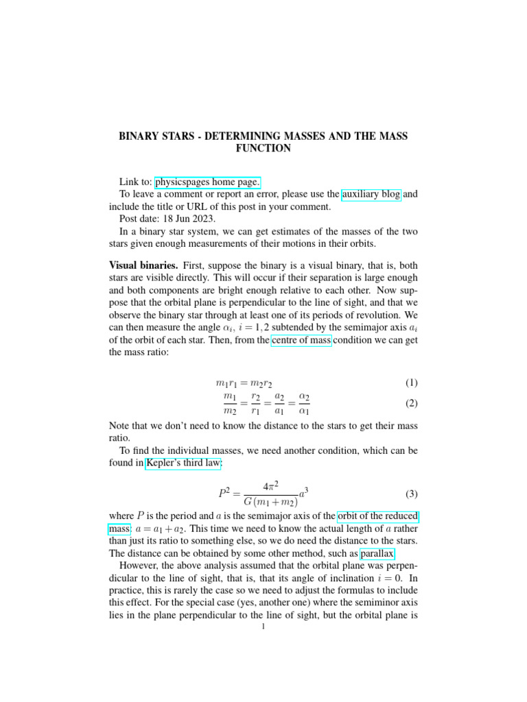 Binary Stars - Determining Masses and The Mass Function | PDF | Ellipse | Celestial Mechanics