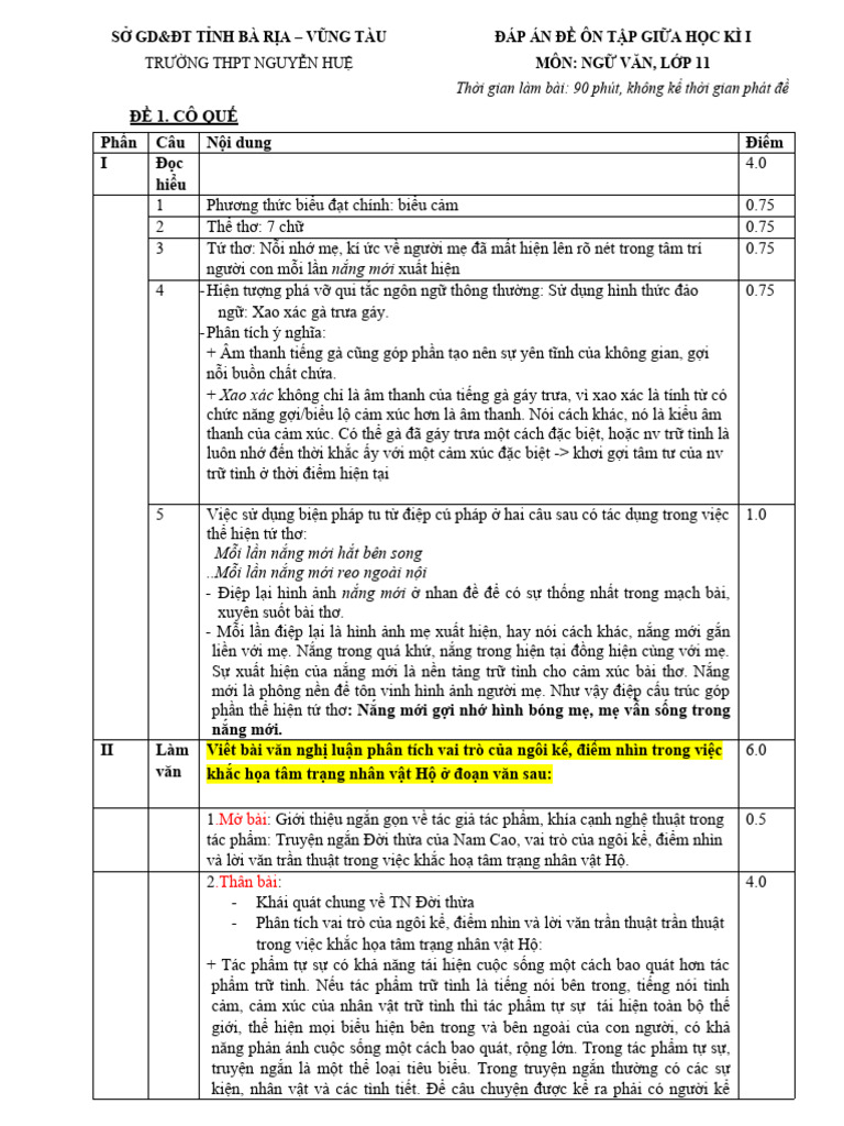 ĐÁP ÁN ĐỀ ÔN TẬP GIỮA KÌ 11 LỚP 11 | PDF