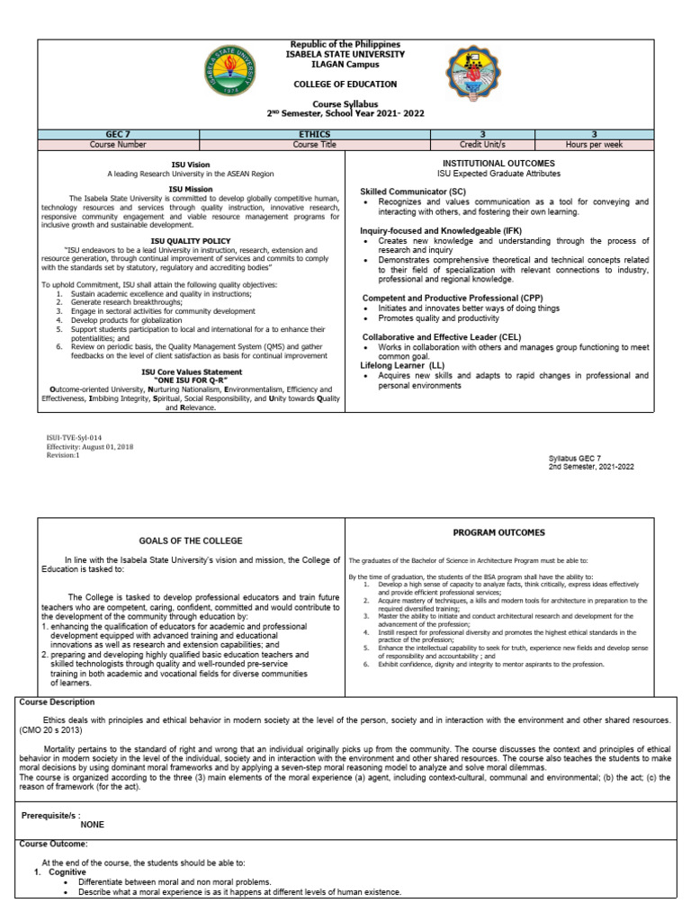 ETHICS-SYLLABUS-2022 | PDF | Utilitarianism | Natural Law